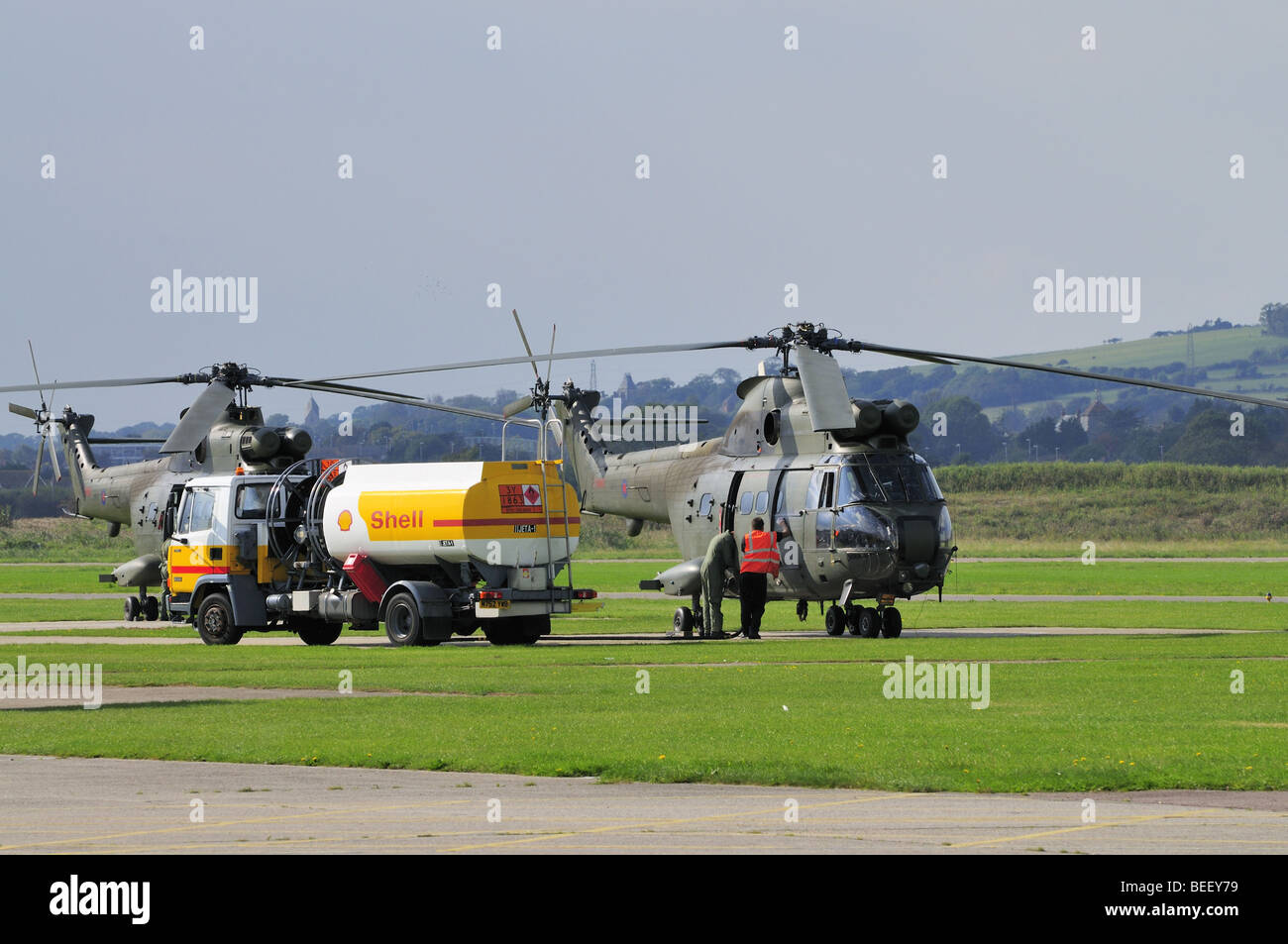 Two Royal Air Force (RAF) Puma Helicopters refueling Airport ,Shoreham ...