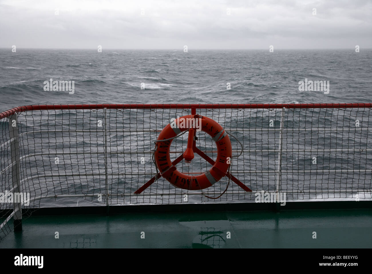 Lifebelt and railing on board the mersey viking belfast liverpool ferry ...