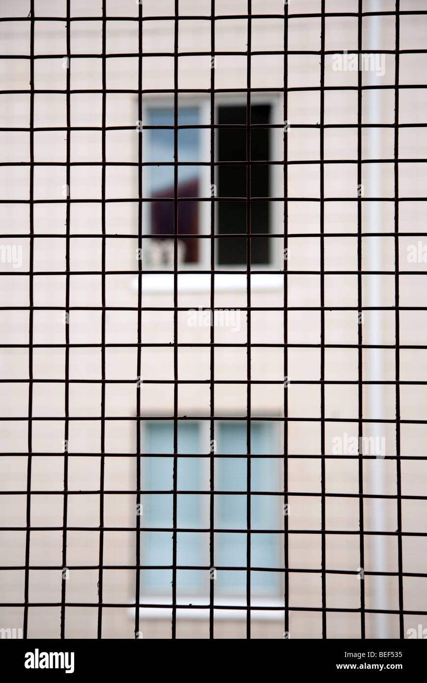 Two windows behind metal mesh Stock Photo - Alamy