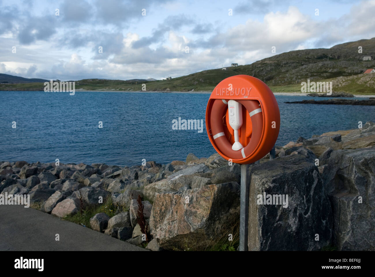 Lifebuoy at the ferry terminal on Eriskay, Outer Hebrides, Scotland ...