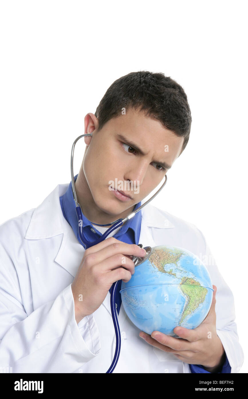 Doctor check the world map health isolated on white Stock Photo - Alamy