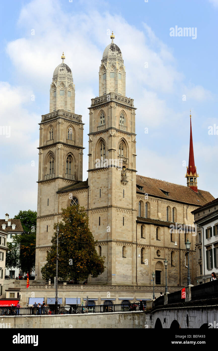 The twin spires of the Grossmünster tower over the River Limmat im ...