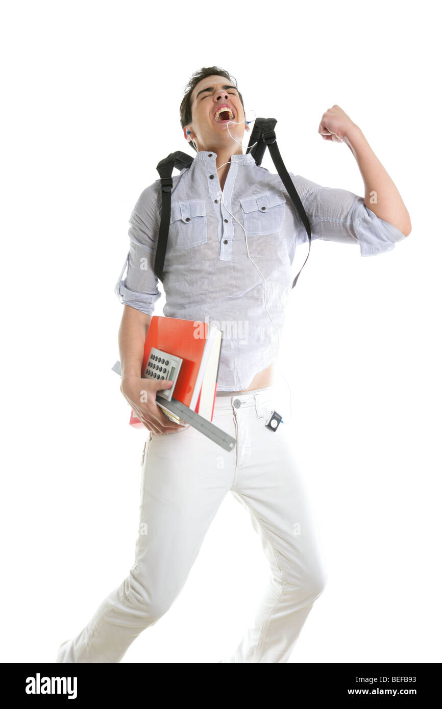 Happy student jump with college stuff in hand isolated on white Stock ...