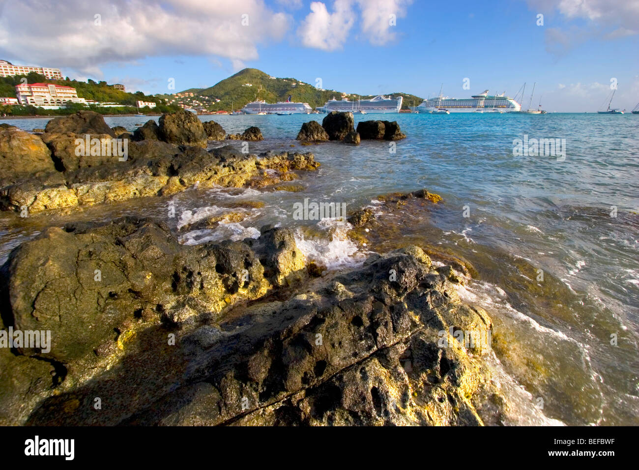 Pristine water and rocky shoreline, Charlotte Amalie Bay, St. Thomas ...
