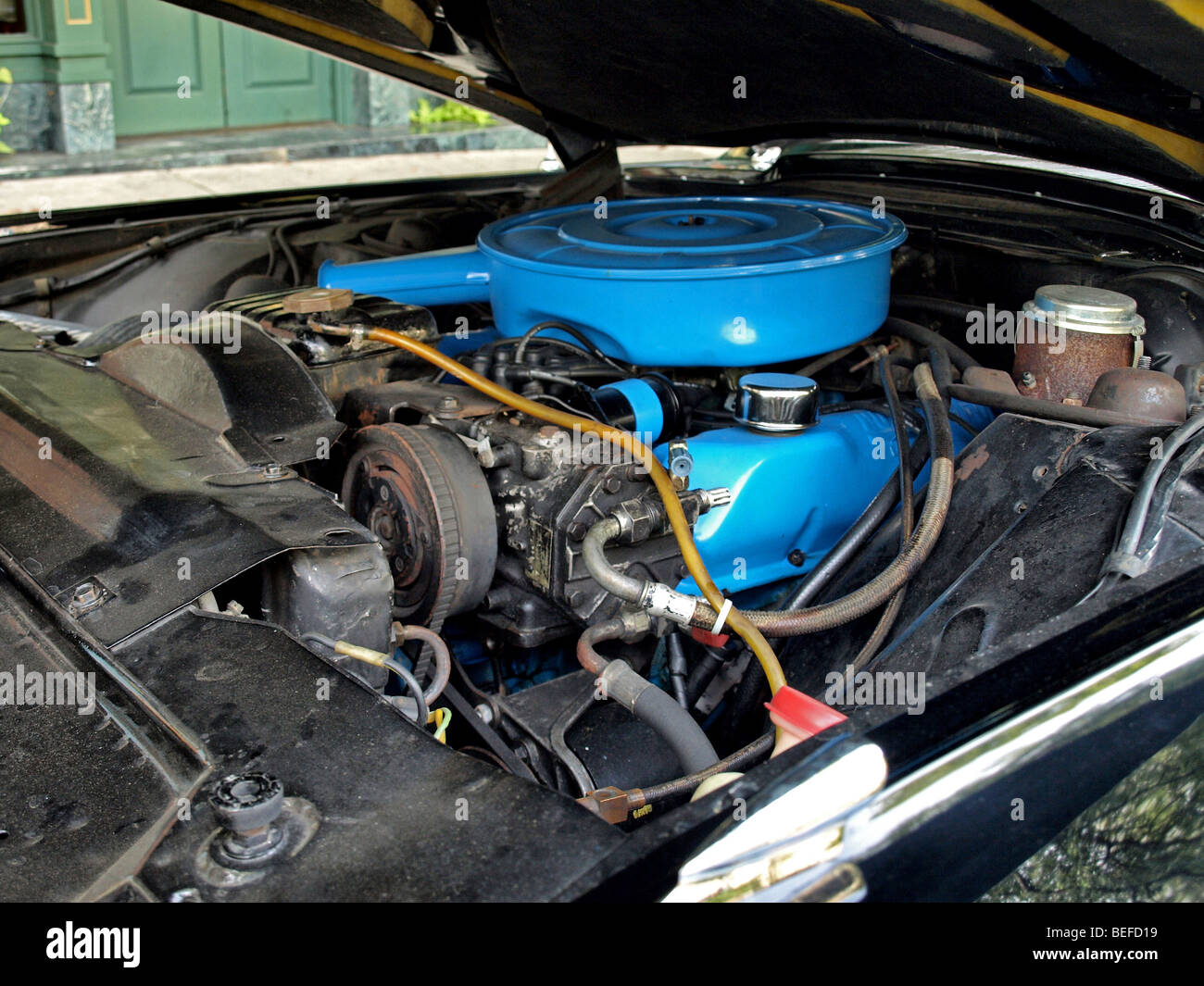 Classic antique automobile engine for Ford Fairlane with blue air ...