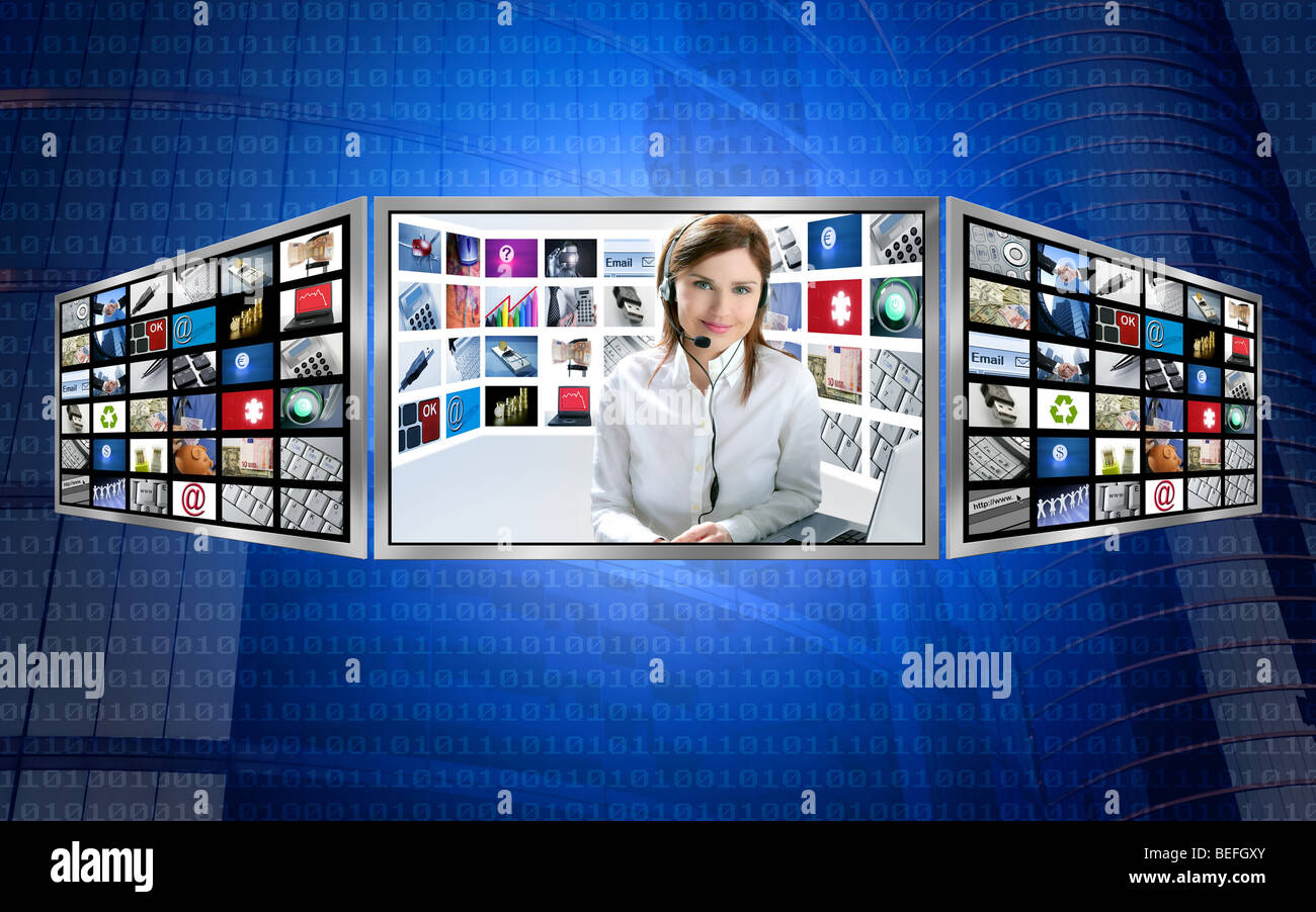 Beautiful news tv redhead woman on 3d display multi monitor Stock Photo ...