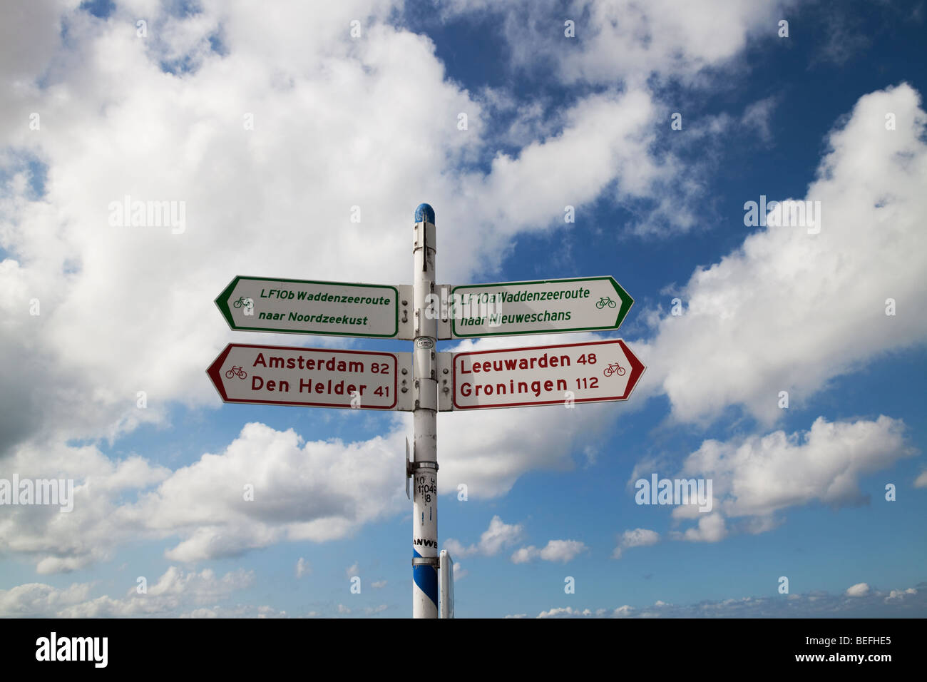 Road signs arrows for bicycle travelers on the Asfluitdijk dike in ...