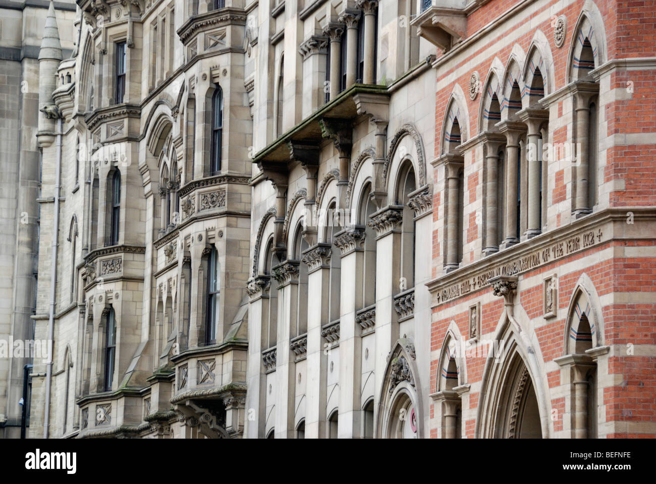 Neo-Gothic building facades in Manchester City Centre, England, UK ...
