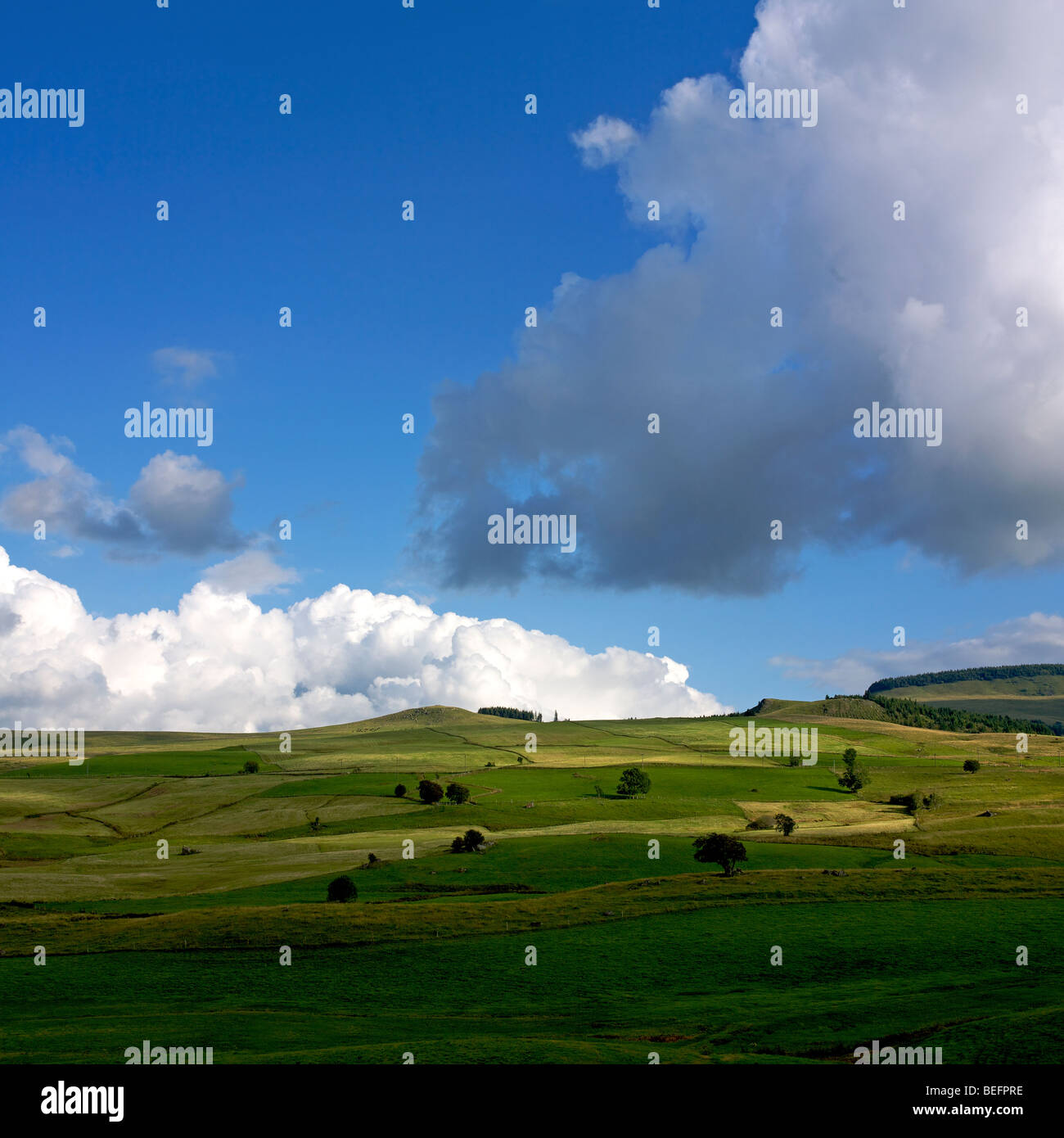 Mountains and rolling hills landscape of Cezallier, Auvergne, France ...