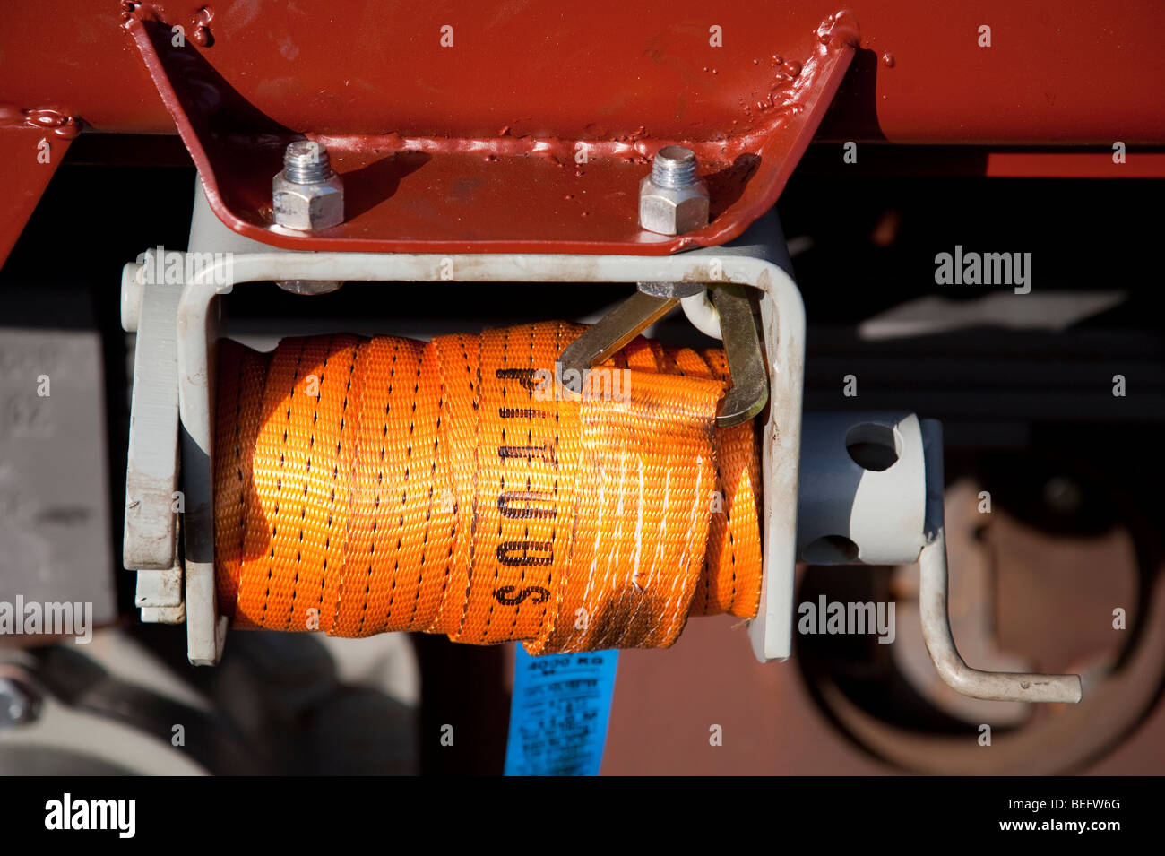 Cargo strap , used in train , reeled to a winch Stock Photo - Alamy