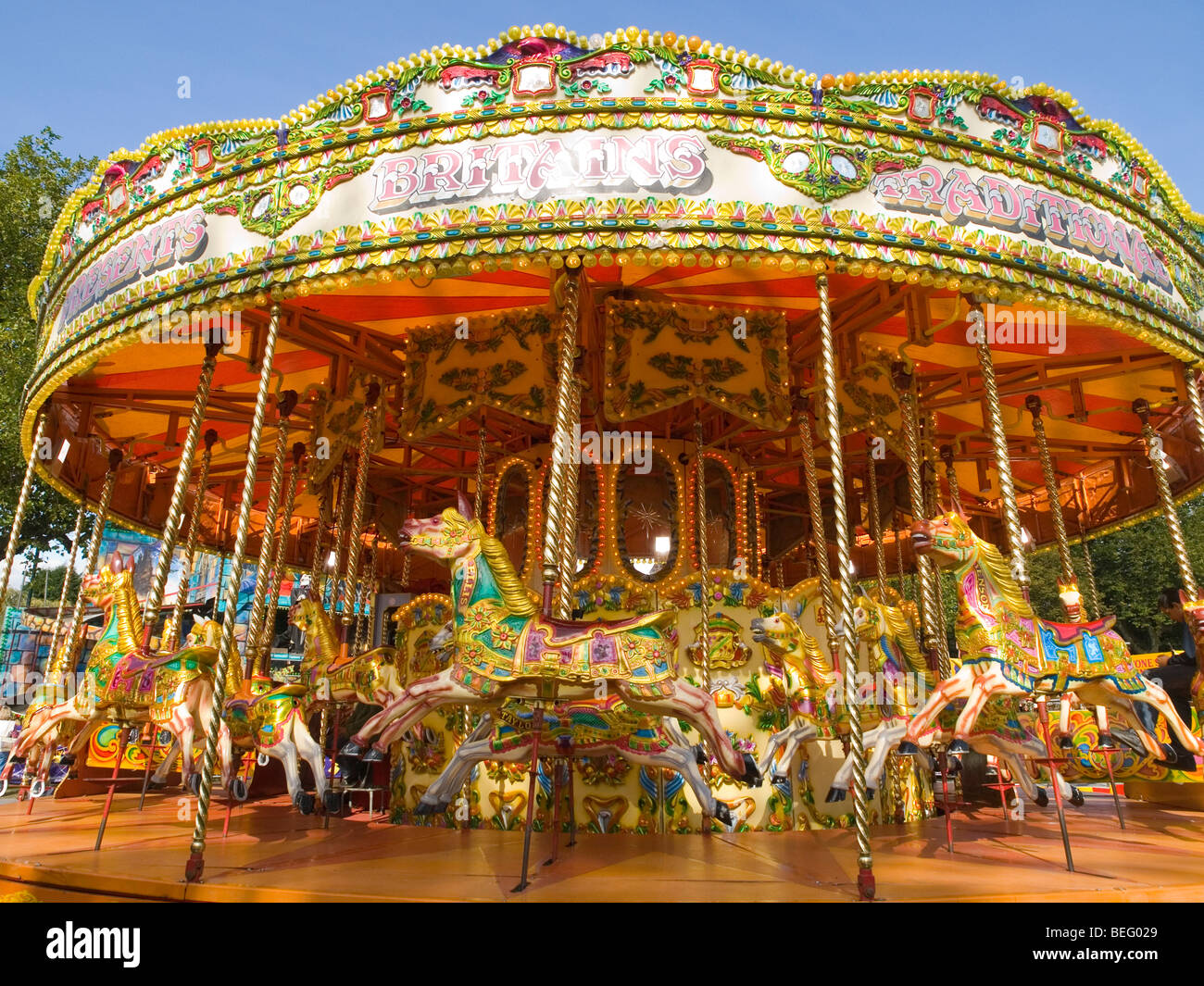 The carousel at the Goose Fair in Nottingham, Nottinghamshire England ...