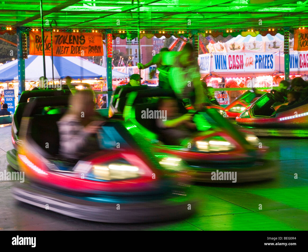 People on the dodgems at the Goose Fair in Nottingham, Nottinghamshire ...