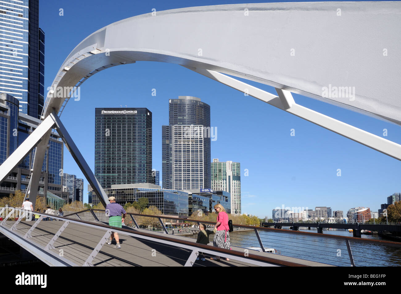 Southgate footbridge and high rise buildings on south bank of Yarra ...