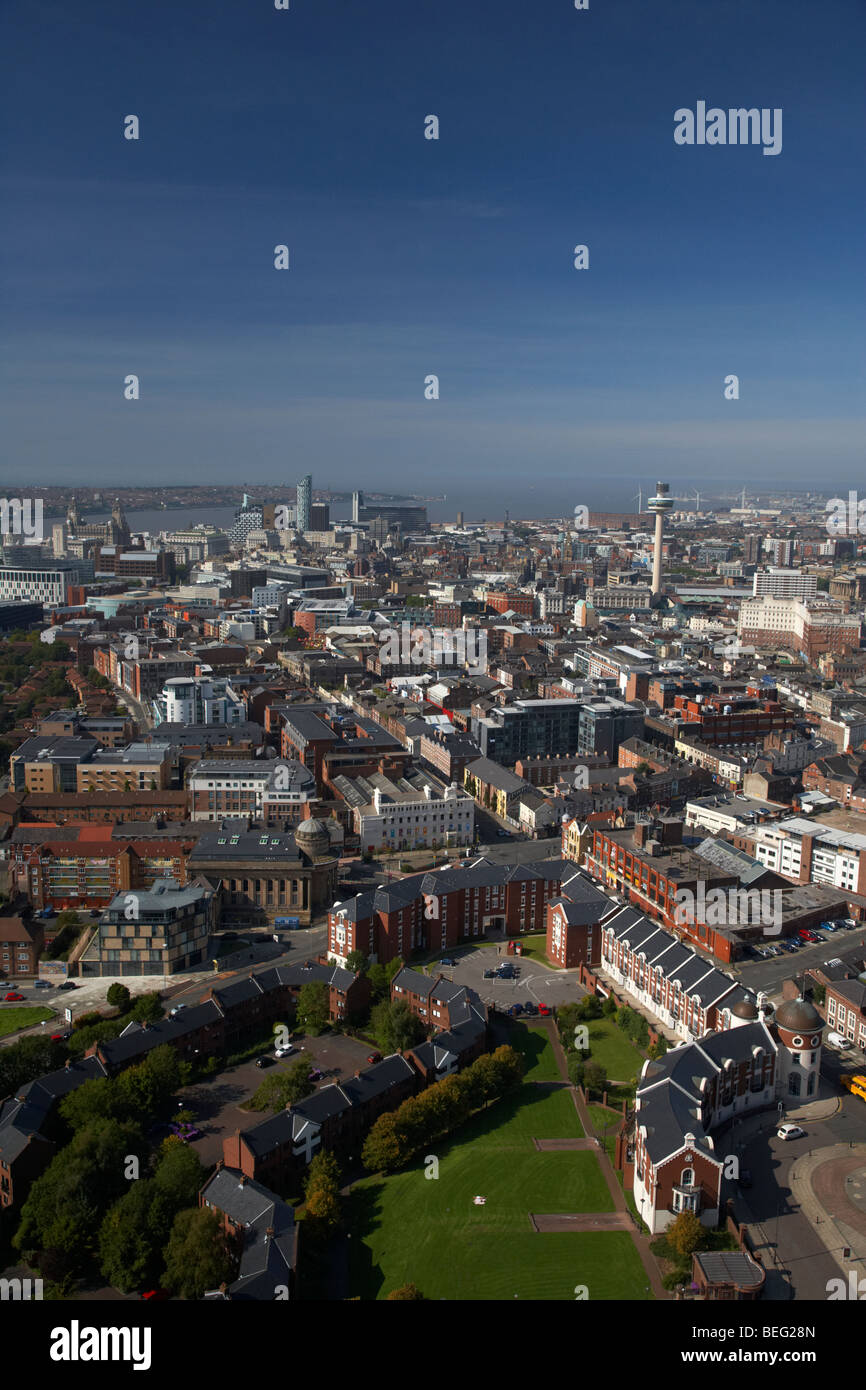aerial view over the city of liverpool and river mersey merseyside ...