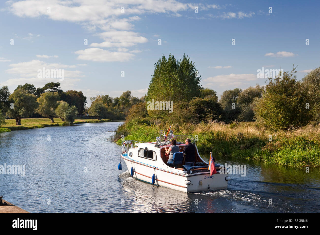 England, Cambridgeshire, Hemingford Grey, pleasure boat Dusty cruising ...