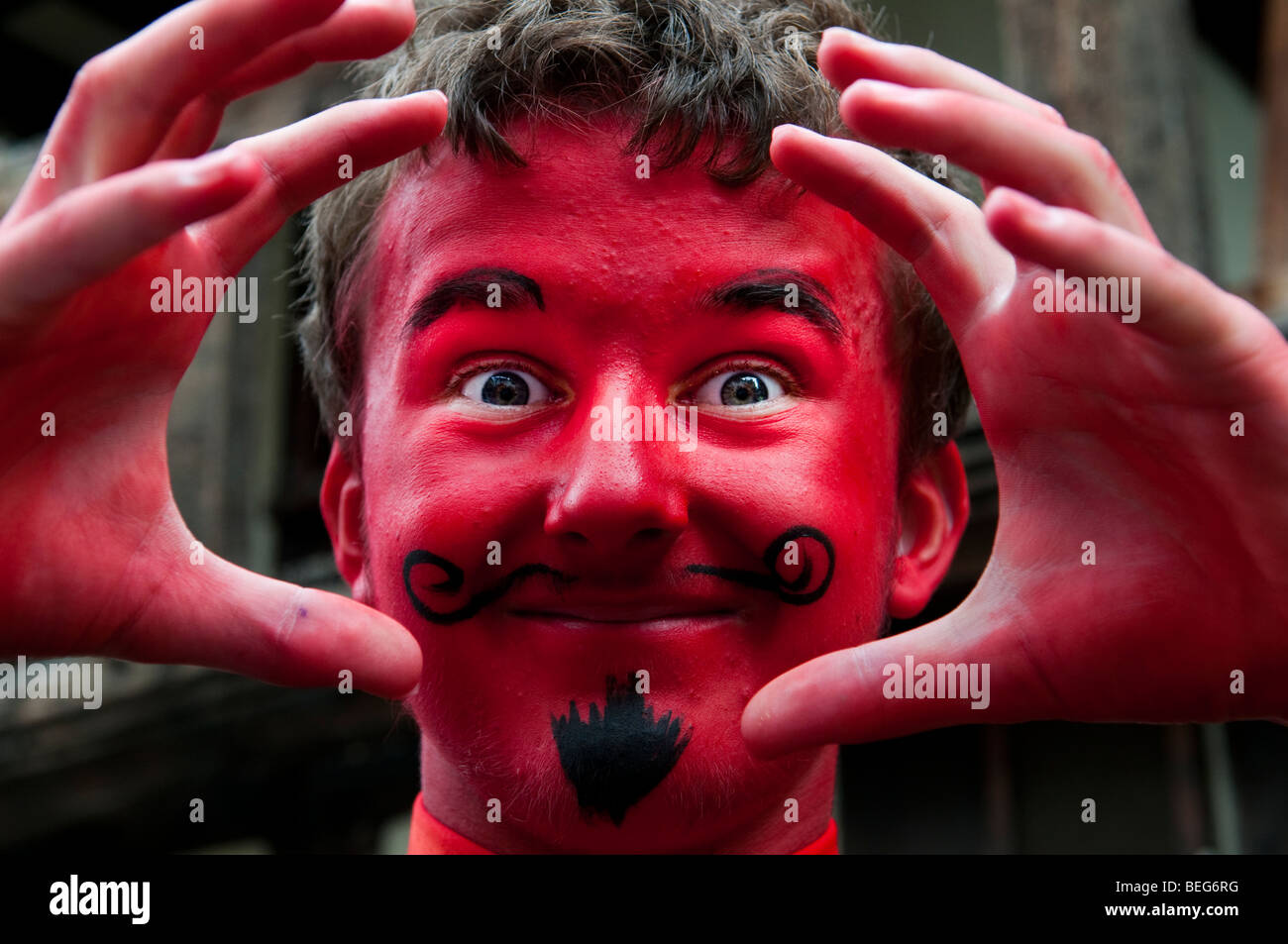 Red faced actor dressed as the devil at Shrewsbury Street Theatre ...