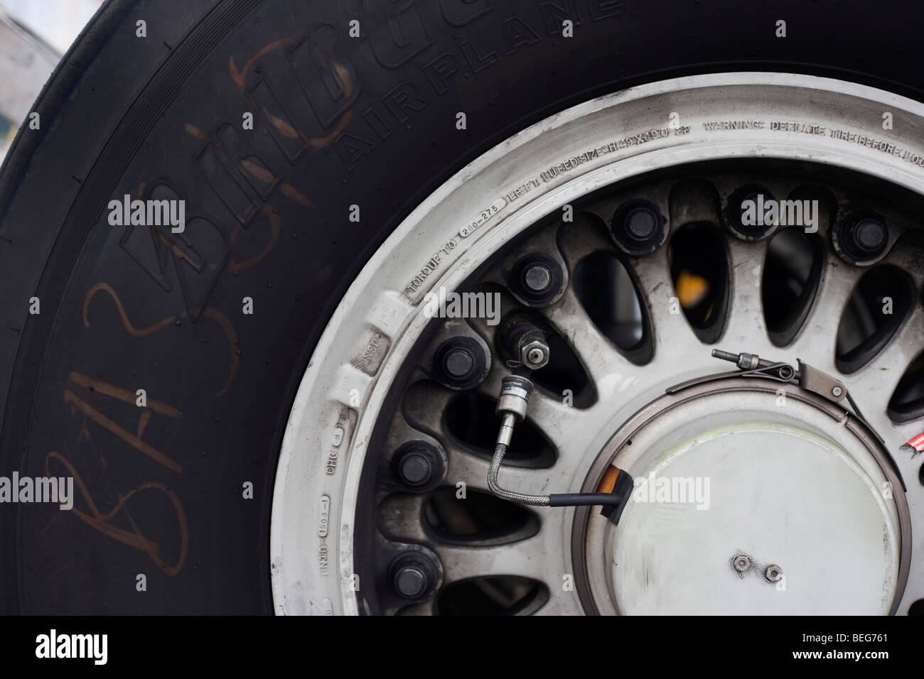 A close-up detail of a Boeing 747 tyre and main nosewheel during the ...