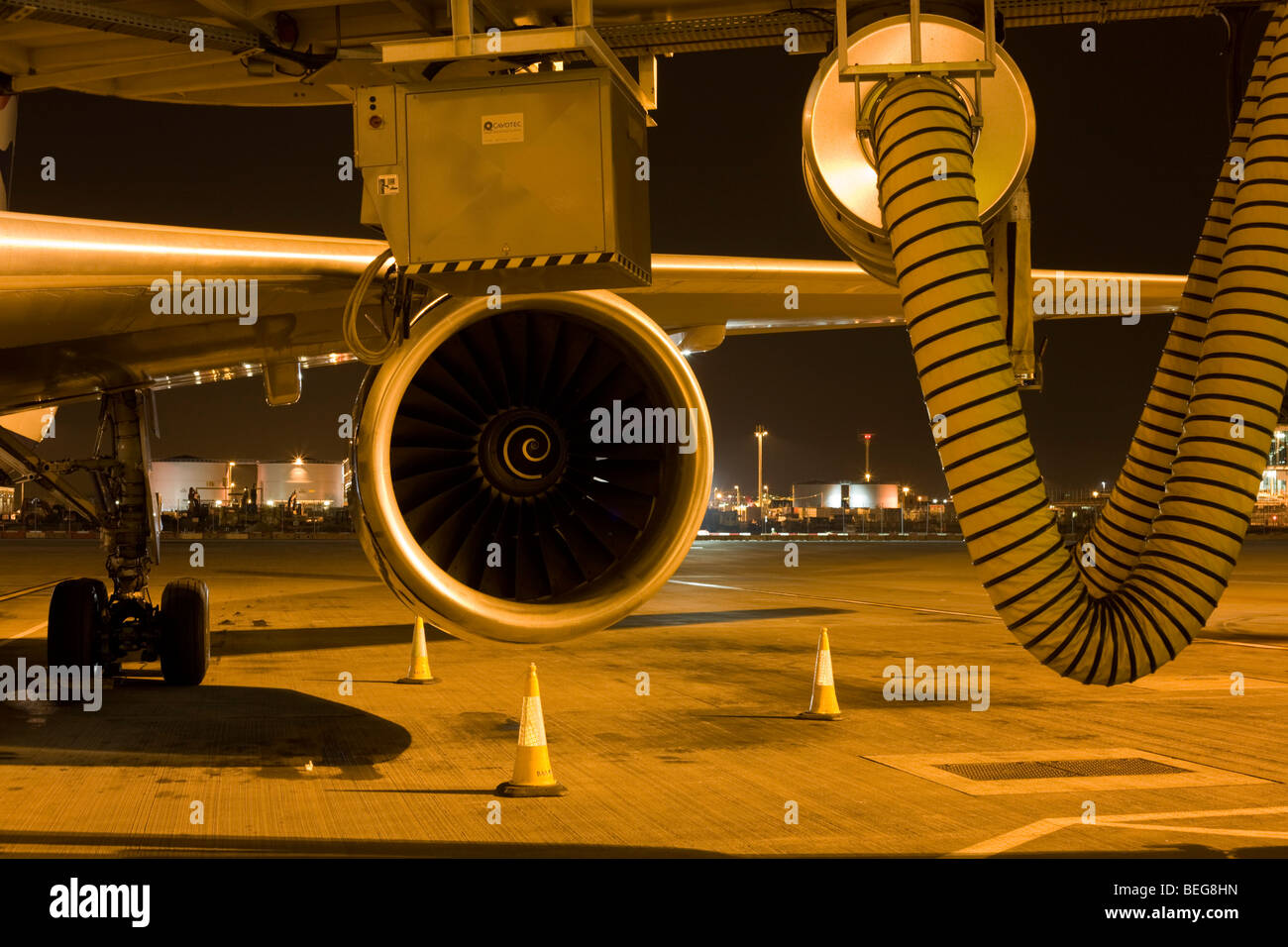 Traffic cones, a Boeing engine and pre-conditioned air duct during an ...
