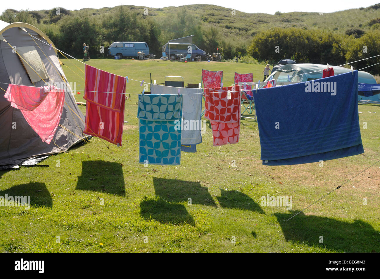 A washing line at a UK campsite Stock Photo - Alamy