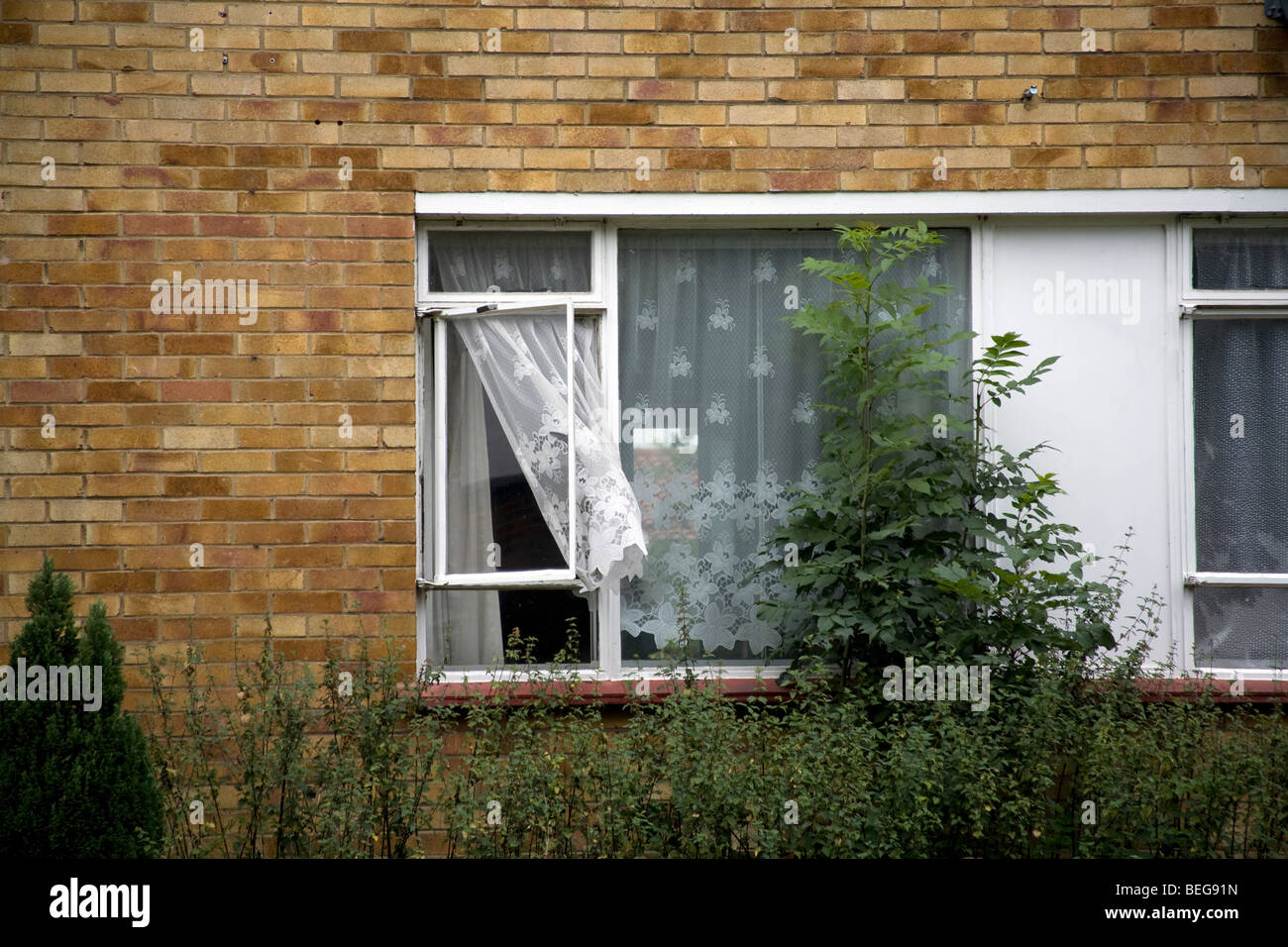 Open window of a ground floor flat on a sunny day on a residential ...