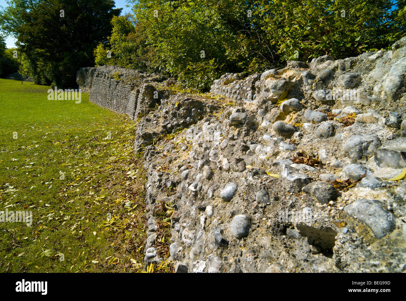 The exposed and crumbled outer Bailey walls of Bramber castle in Sussex ...