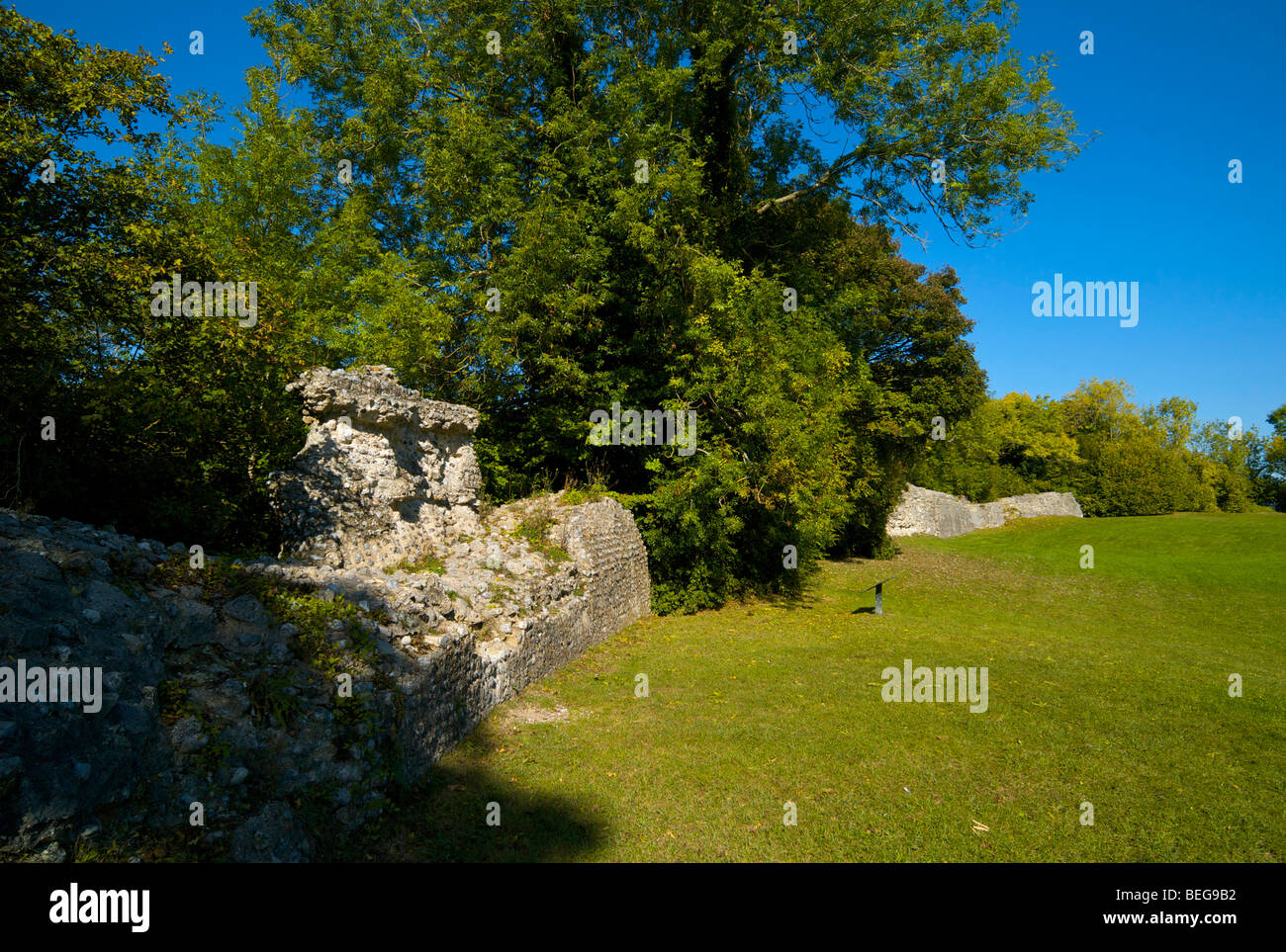 The exposed and crumbled outer Bailey walls of Bramber castle in Sussex ...