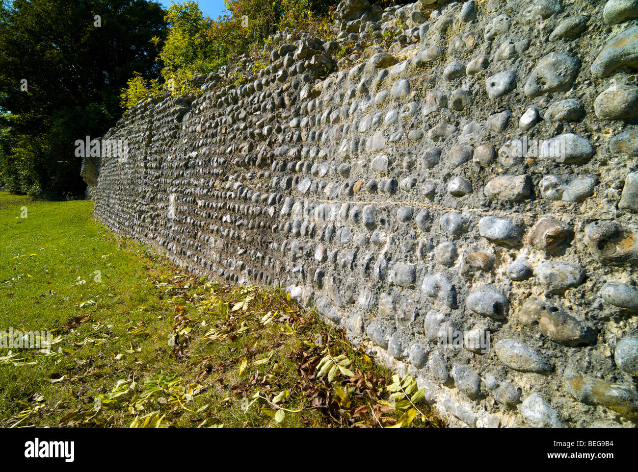 The exposed and crumbled outer Bailey walls of Bramber castle in Sussex ...