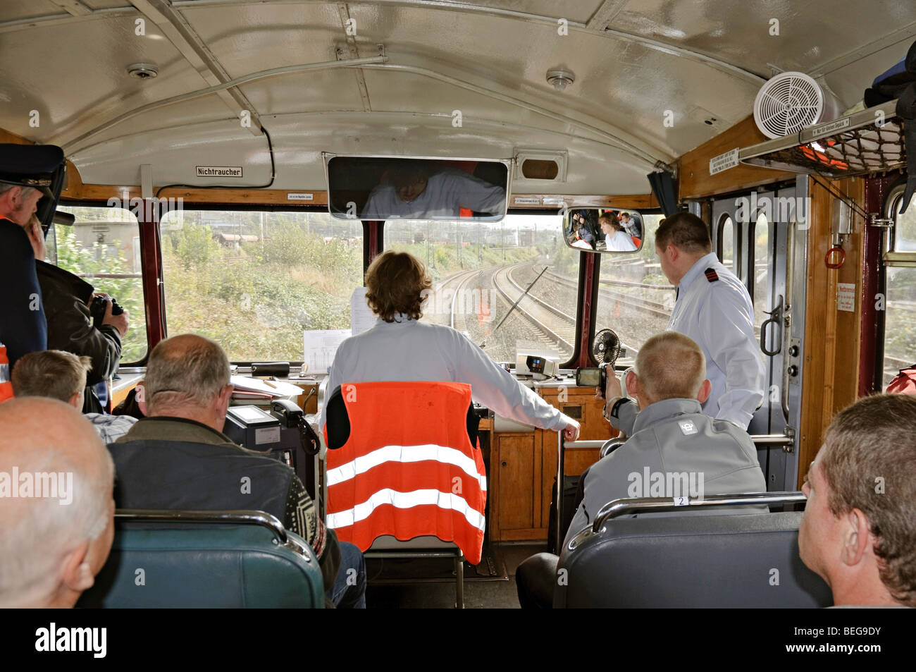 Interior of preserved German railbus underway near Hagen, NRW, Germany ...