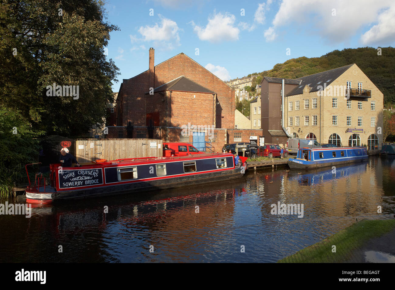 CANAL BARGE HEBDEN BRIDGE VILLAGE TOWN YORKSHIRE UNITED KINGDOM UK ...