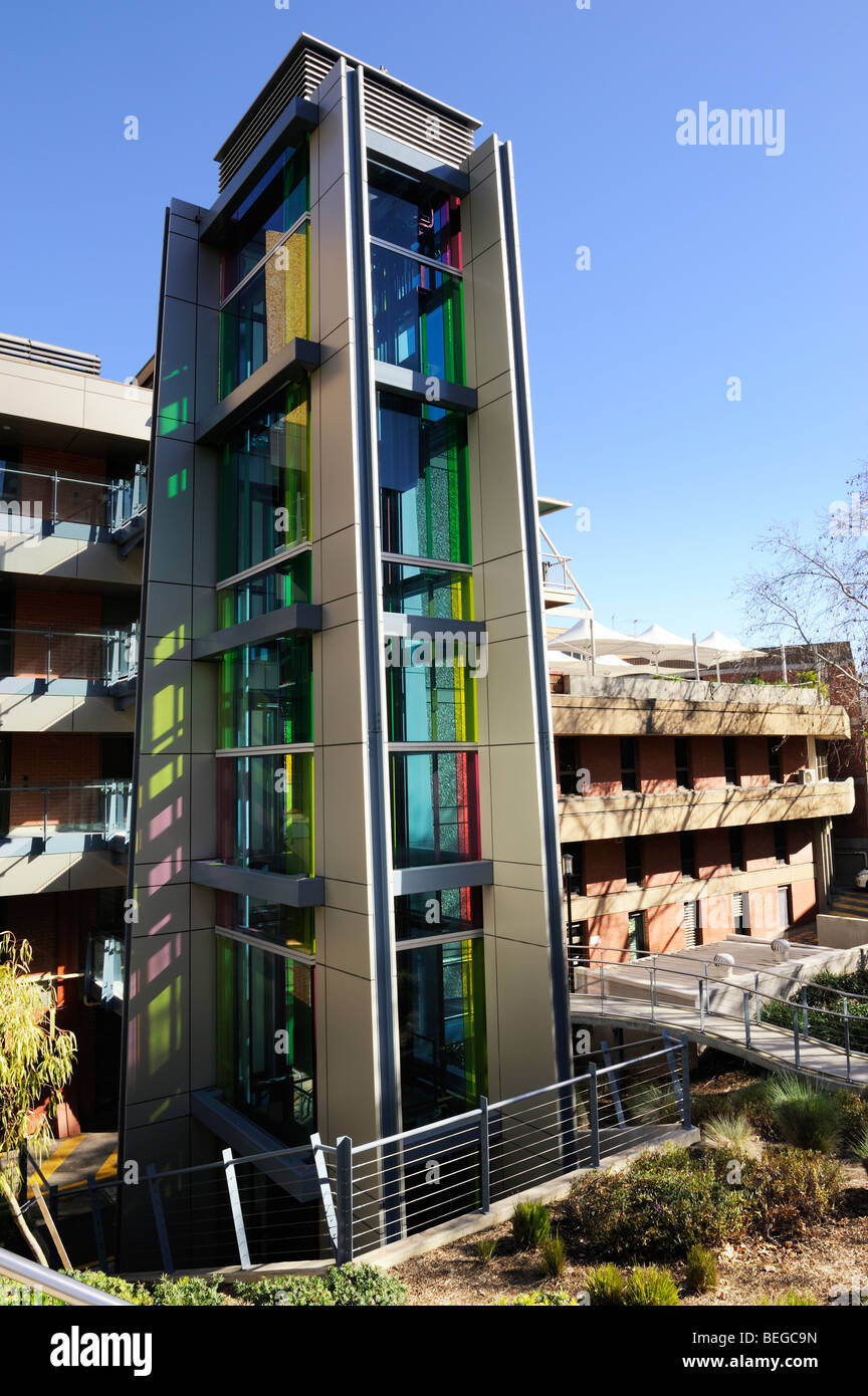 Lift shaft with coloured glass windows in Adelaide, South Australia ...