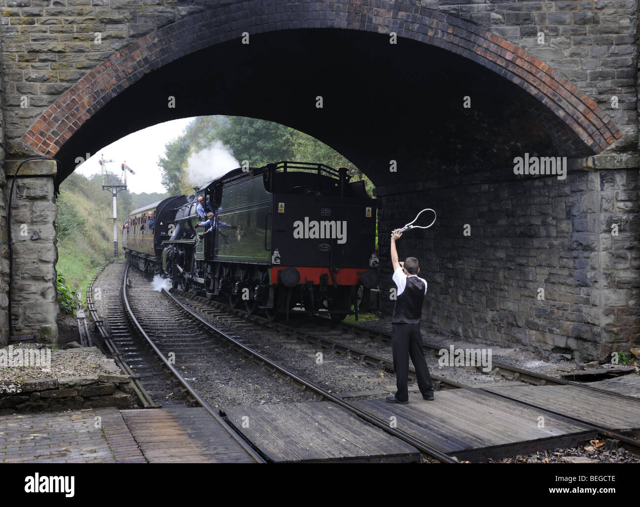 Exchanging signal tokens at Arley Station, Severn Valley Railway, near ...