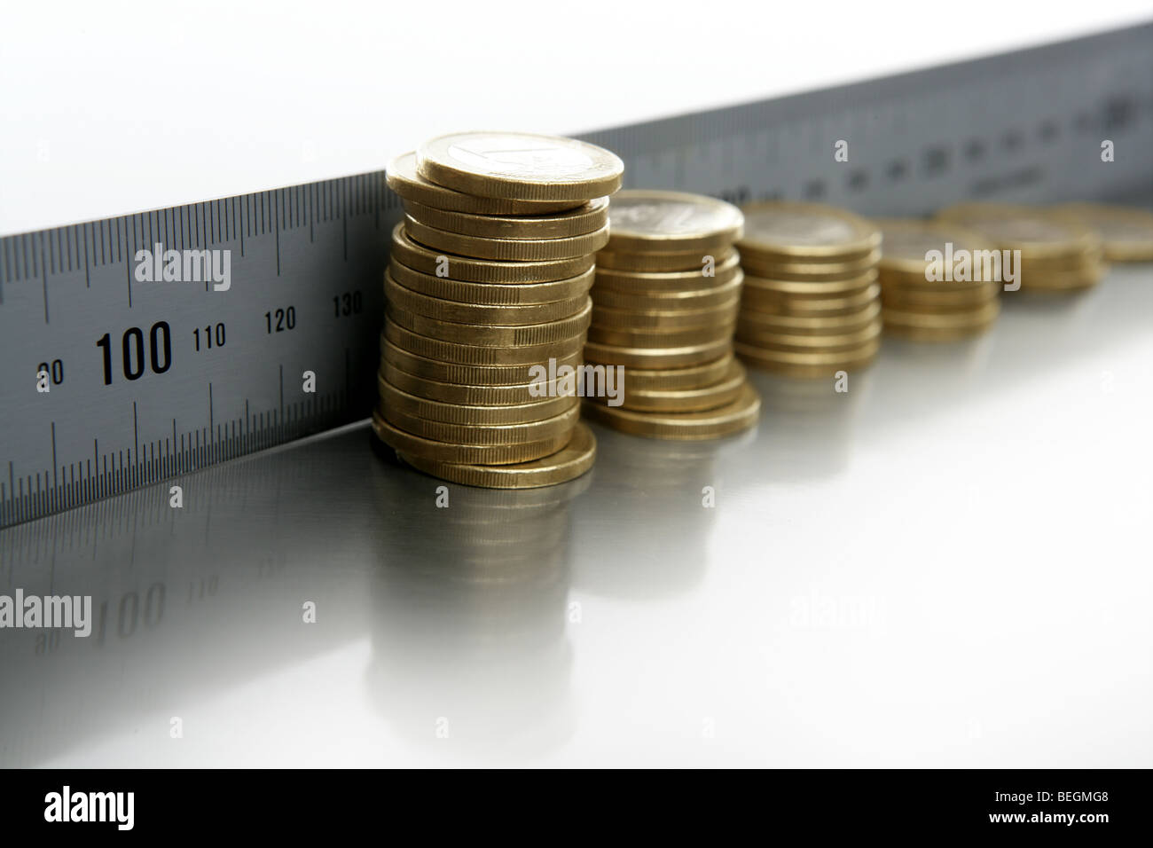 Aluminium scale meter of euro golden coin cash stock, on white ...