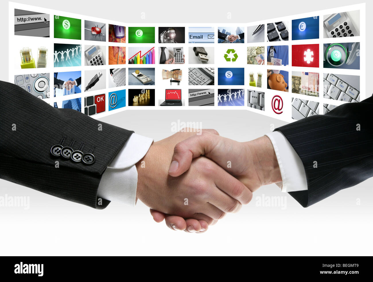 Tech tv video communication screen rows handshake Stock Photo - Alamy