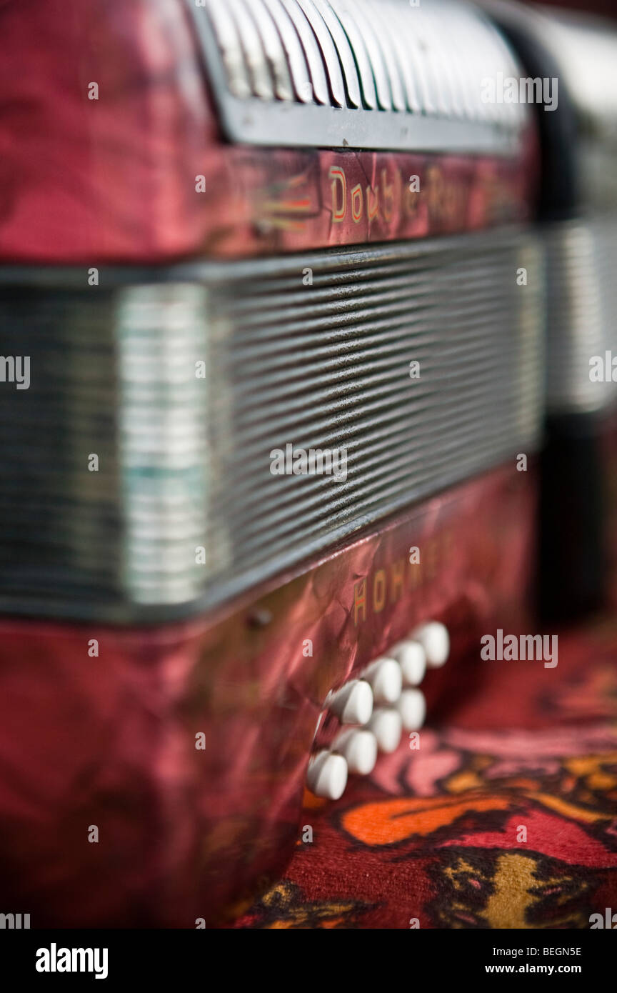 A close up detail shot of a red, vintage Hohner accordion Stock Photo ...