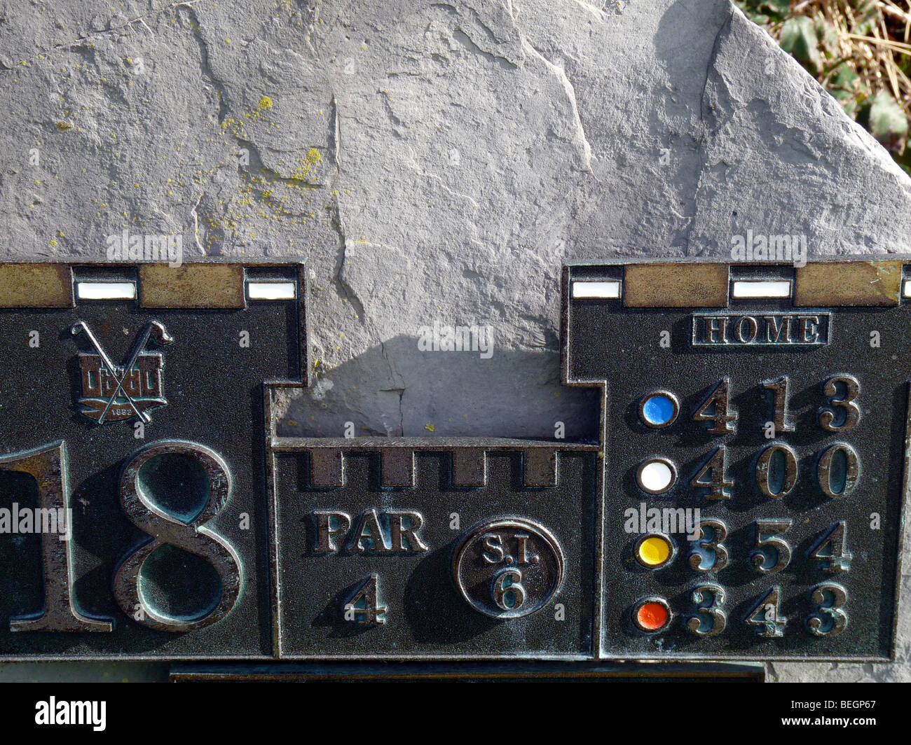 Metal sign on the eighteenth hole of a links golf course attached to a ...