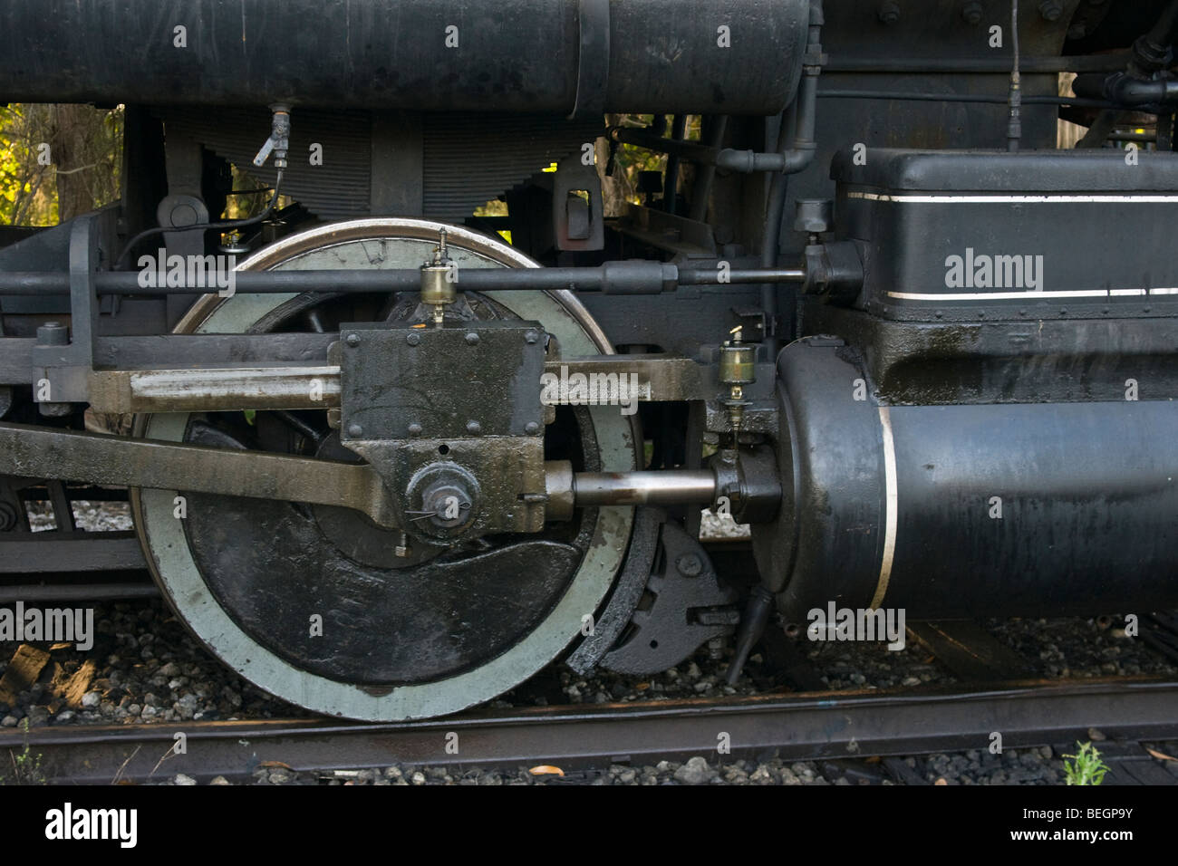 Close up of drive wheel and brake on a 1930s style steam locomotive ...