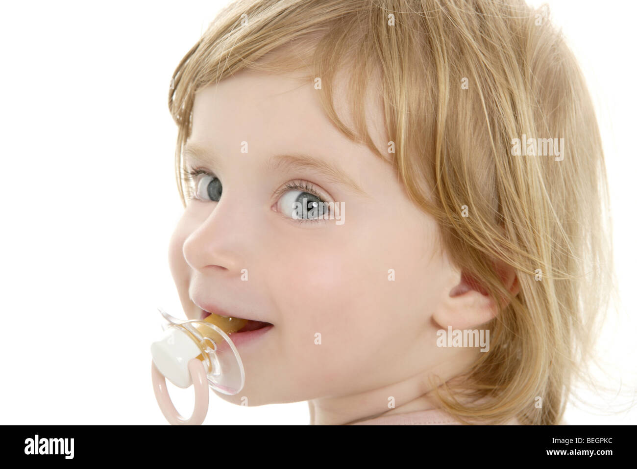 Baby toddler blond hair blue eyes and pacifier over white background ...