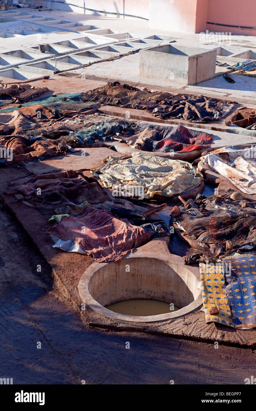 The Berber Tanneries showing pits where leather is treated with strong ...