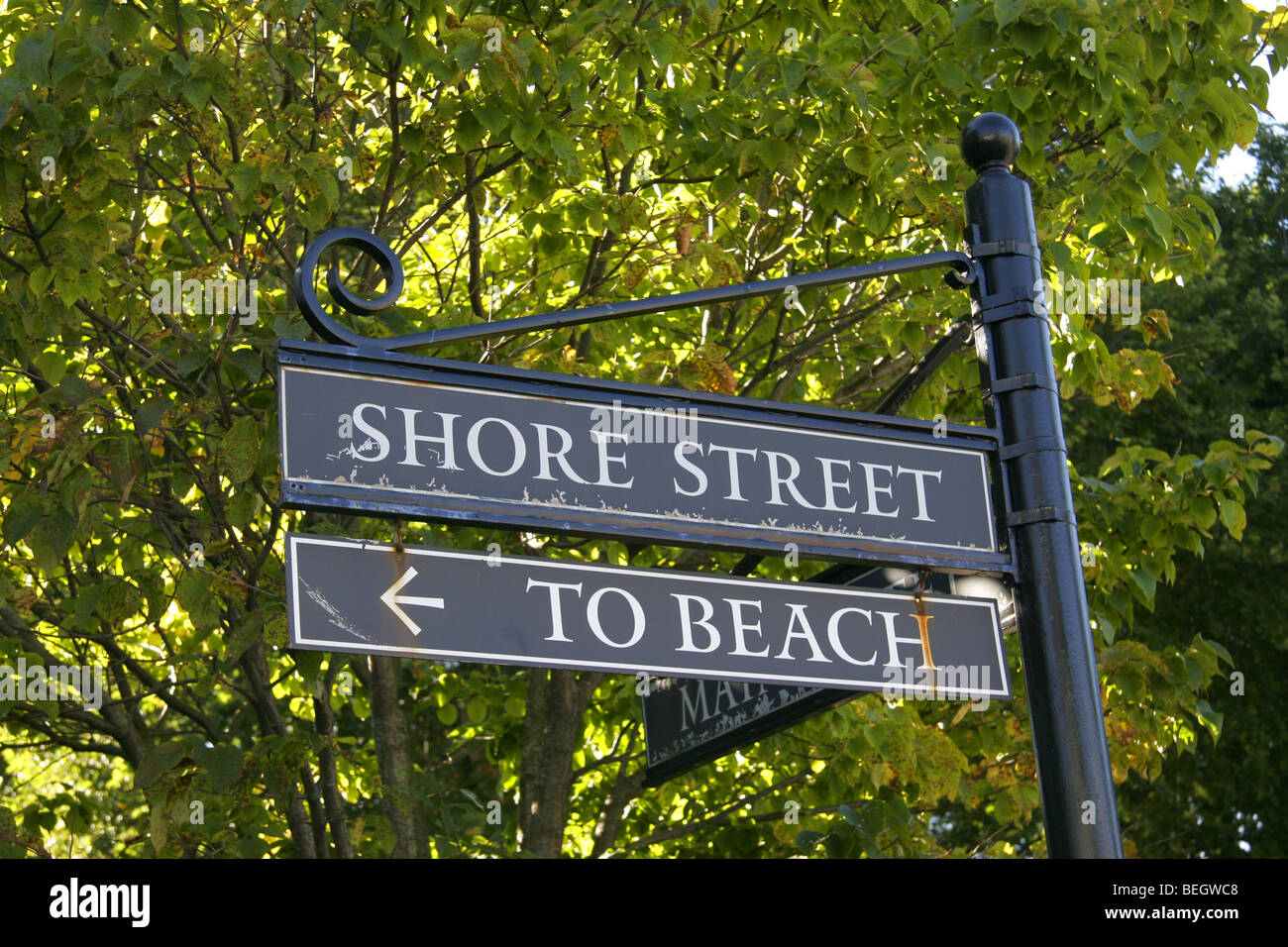 Street sign for Shore Street and to the beach, Falmouth, Cape Cod, New ...