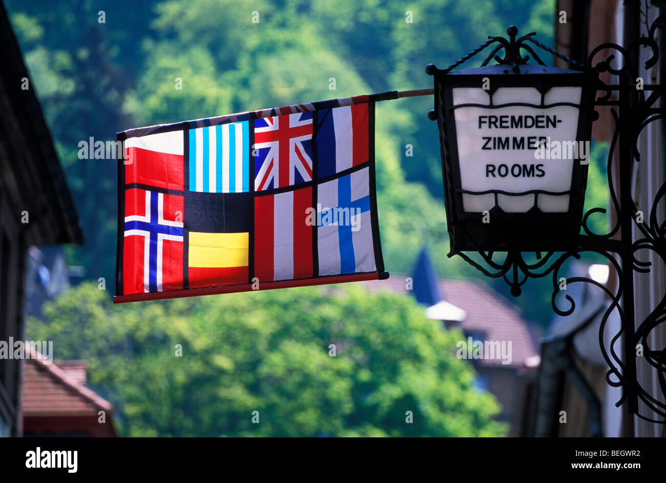 Guesthouse sign and flags Heidelberg Germany Stock Photo - Alamy