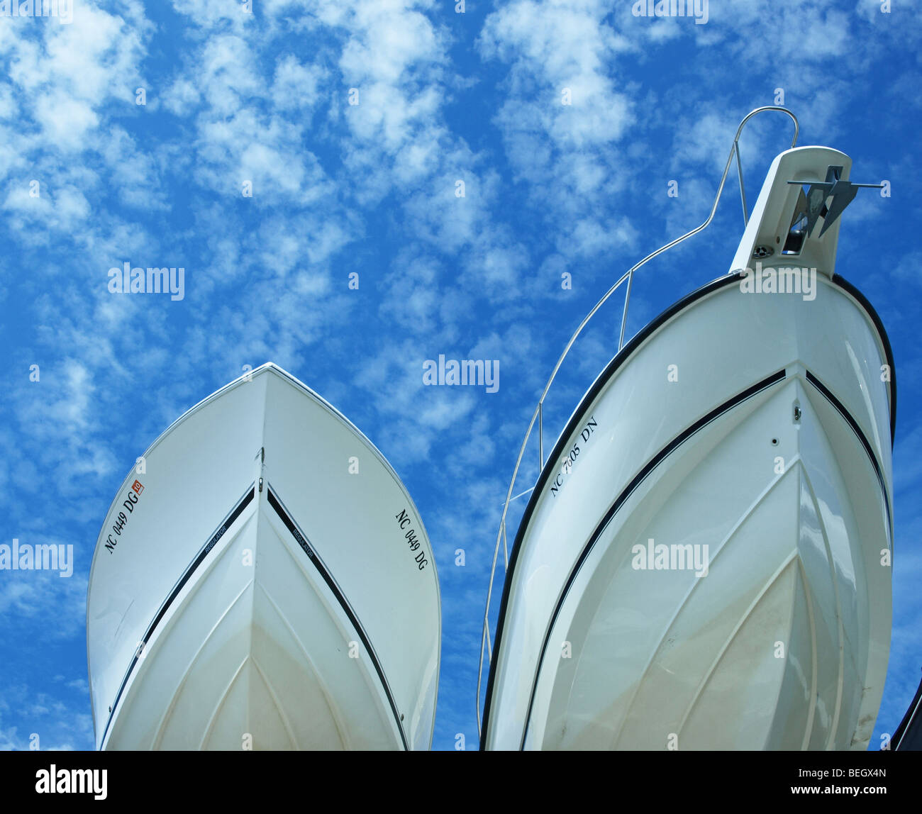 motorboat speedboat storage with vessels up in the air, looking from ...