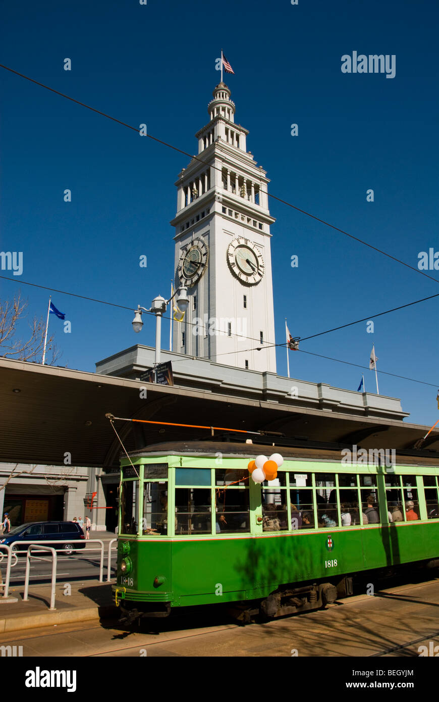 California: San Francisco. Historic trolley car at Ferry Building ...