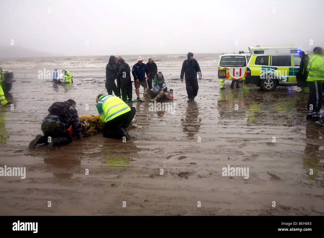 Paramedics at Weston Beach Race after a accident stopped the race Stock ...