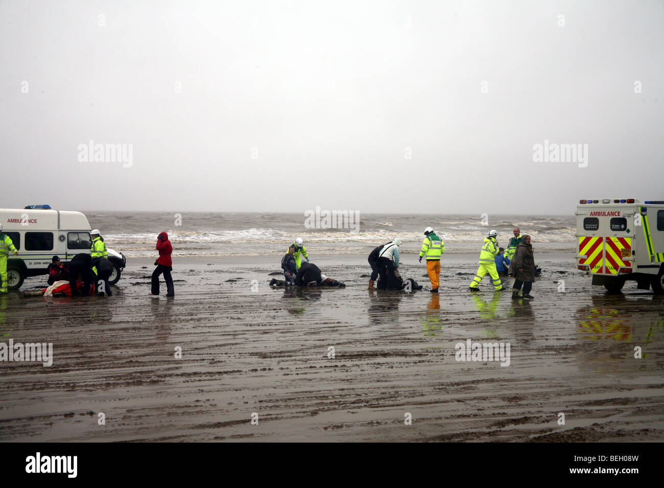 Paramedics at Weston Beach Race after a accident stopped the race Stock ...