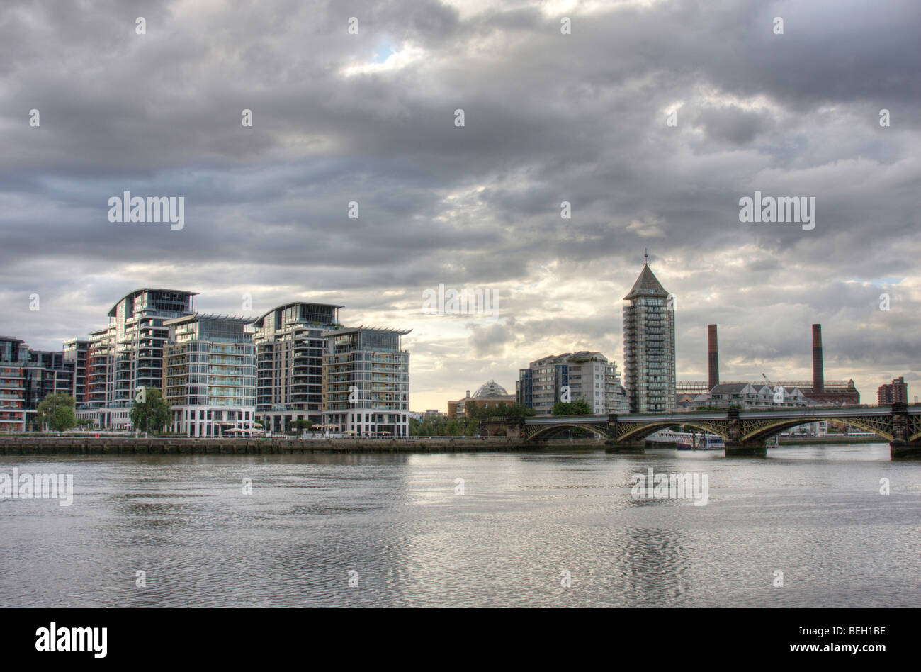 Chelsea Harbour development and the River Thames as seen from Battersea ...