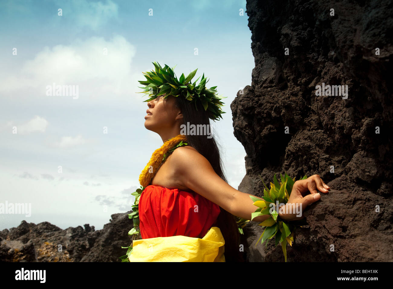 Young Hawaiian woman wearing traditional hula attire Stock Photo - Alamy