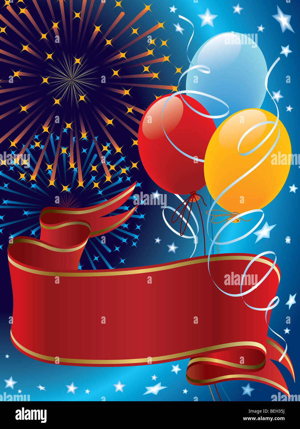Holiday decoration with fireworks, balloons and banner Stock Photo - Alamy