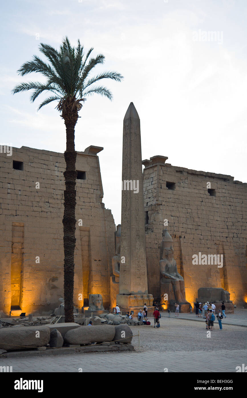Illuminated Entrance of Luxor Temple with Granite Obelisk, Luxor, Egypt ...