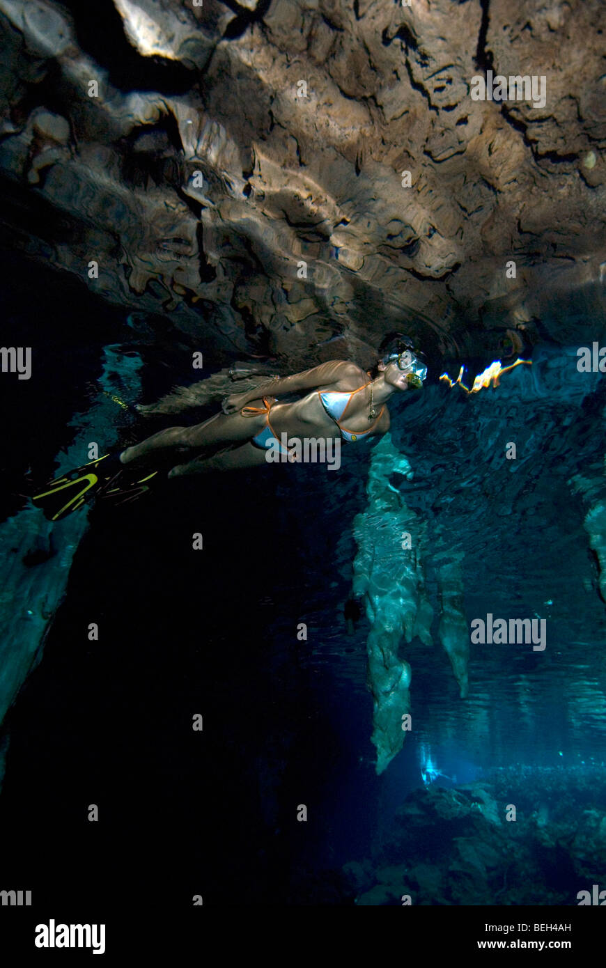 Free diving in Grand Cenote of Tulum, Yucatan Peninsula, Mexico Stock ...