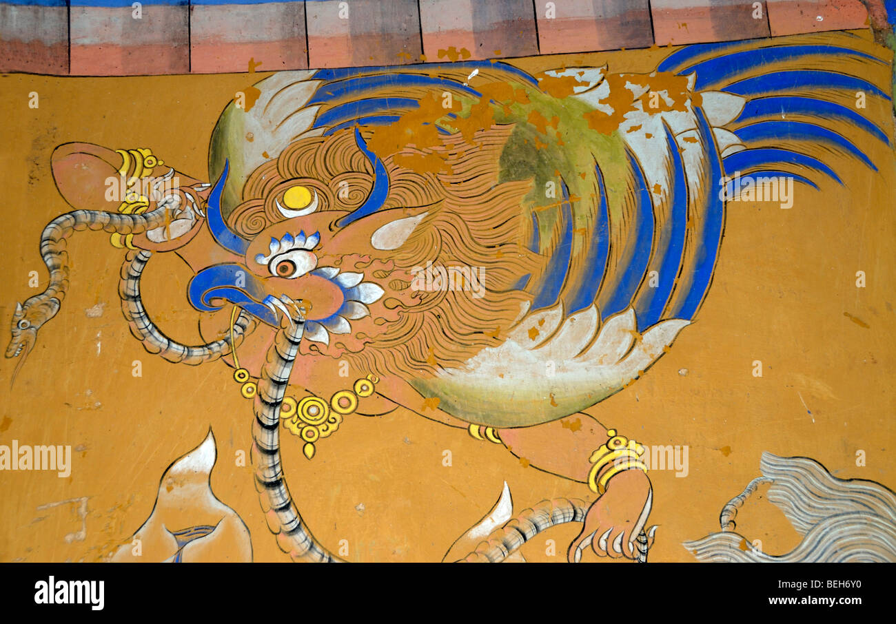 Mural of a Garuda painted in traditional Bhutanese style on a wall in ...